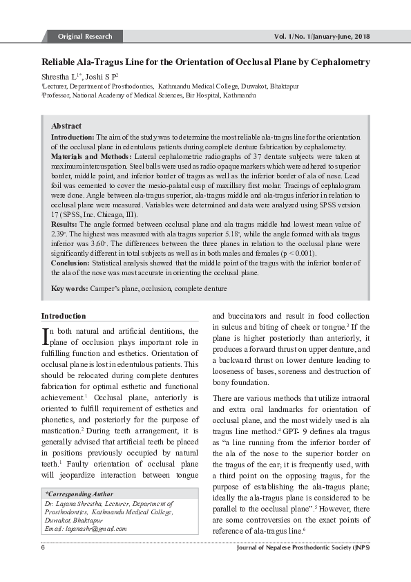 (PDF) Reliable Ala-Tragus Line for the Orientation of Occlusal Plane by ...