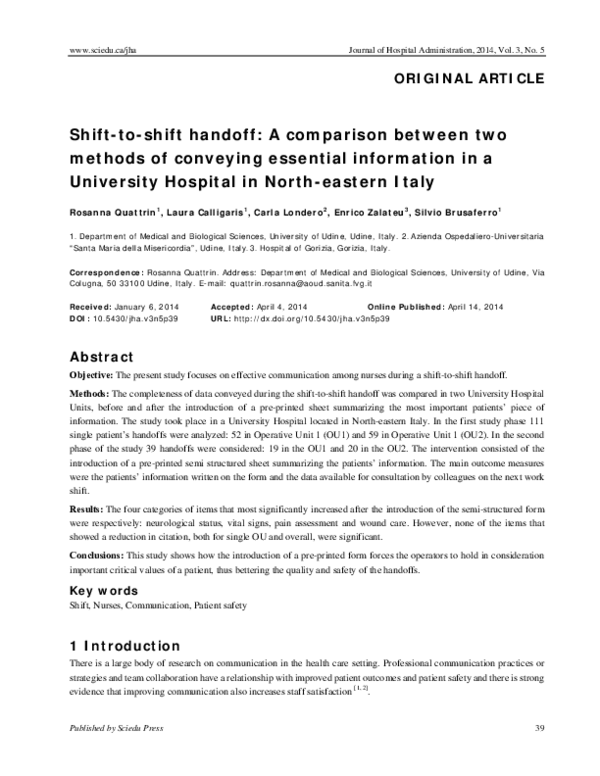 (PDF) Shift-to-shift handoff: A comparison between two methods of ...