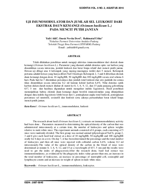 (PDF) UJI IMUNOMODULATOR DAN JUMLAH SEL LEUKOSIT DARI EKSTRAK DAUN ...
