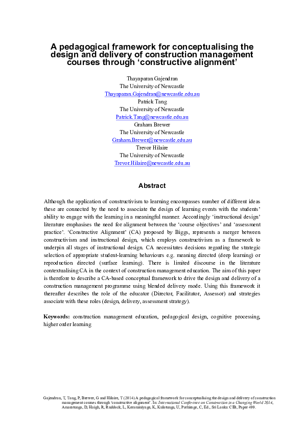 (PDF) A pedagogical framework for conceptualising the design and delivery of construction ...