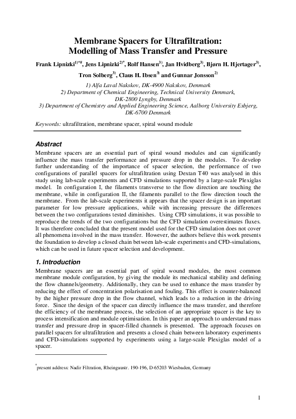 (PDF) Membrane Spacers for Ultrafiltration: Modelling of Mass Transfer ...