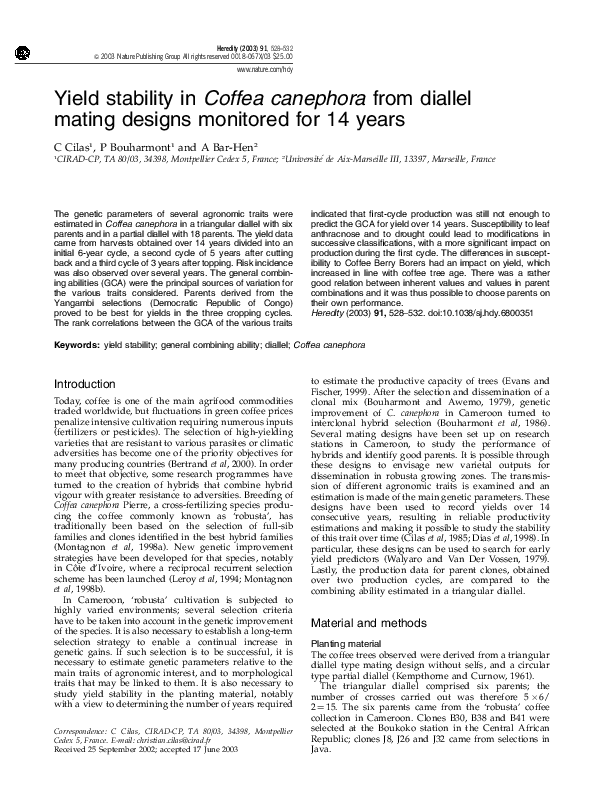 (PDF) Yield stability in Coffea canephora from diallel mating designs ...