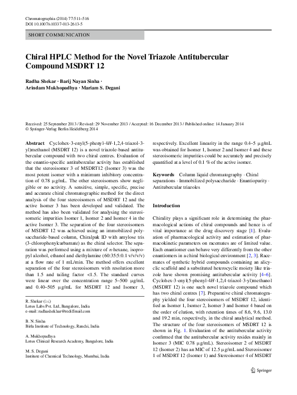 (PDF) Chiral HPLC Method for the Novel Triazole Antitubercular Compound ...