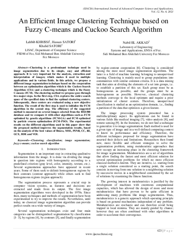 (PDF) An Efficient Image Clustering Technique based on Fuzzy C-means and Cuckoo Search Algorithm