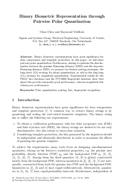 (PDF) Binary biometric representation through pairwise polar quantization