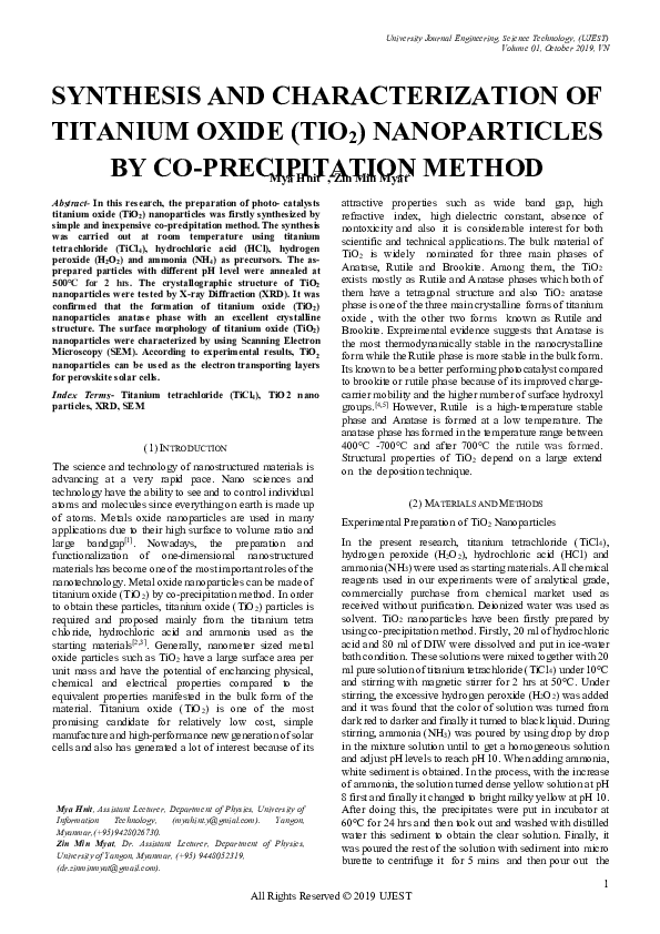 Pdf Synthesis And Characterization Of Titanium Oxide Tio 2 Nanoparticles By Co