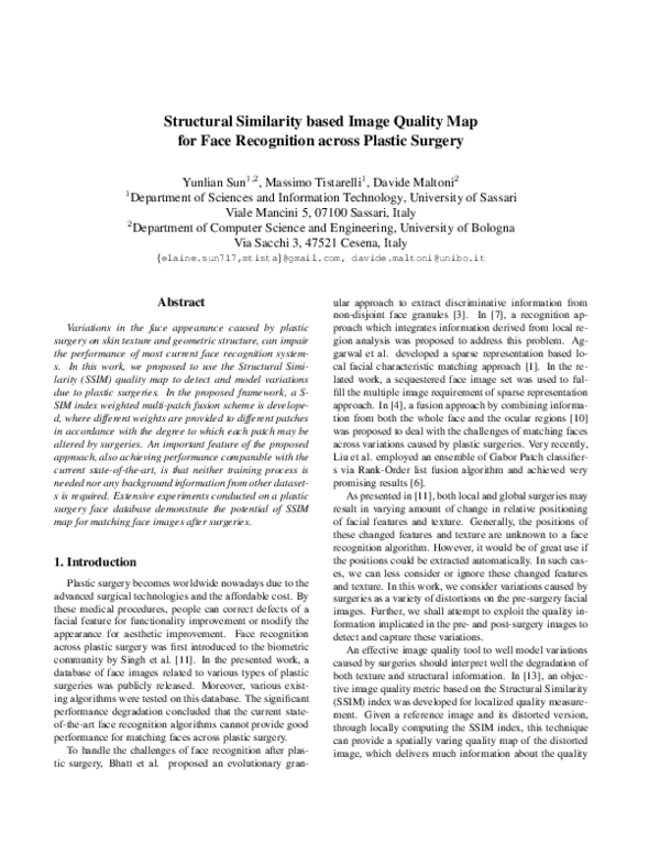 (PDF) Structural Similarity based image quality map for face recognition across plastic surgery