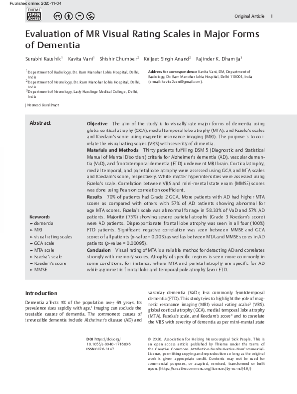 (PDF) Evaluation of MR Visual Rating Scales in Major Forms of Dementia
