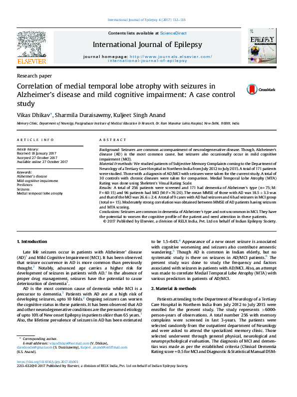 (PDF) Correlation of medial temporal lobe atrophy with seizures in Alzheimer’s disease and mild ...