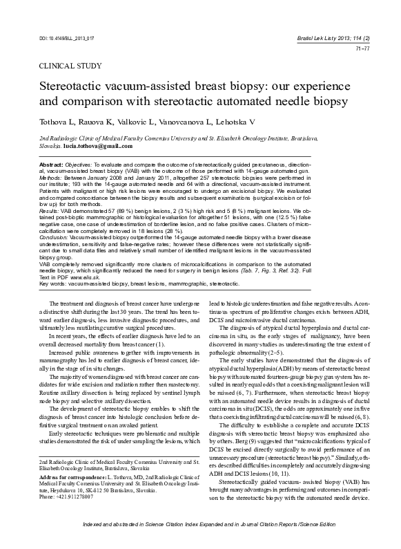(PDF) Stereotactic vacuum-assisted breast biopsy: our experience and ...