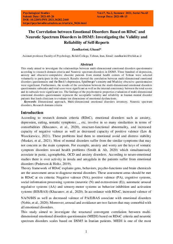(PDF) The Correlation between Emotional Disorders Based on RDoC and ...