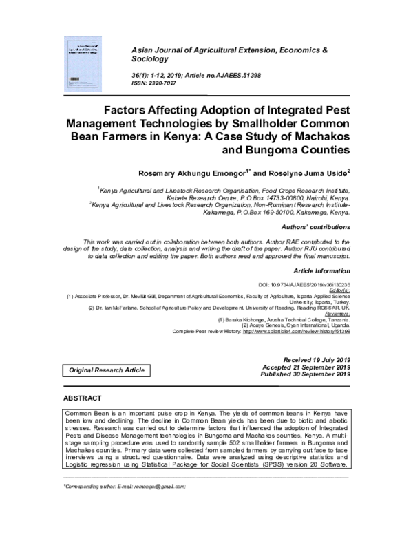 (PDF) Factors Affecting Adoption of Integrated Pest Management Technologies by Smallholder ...