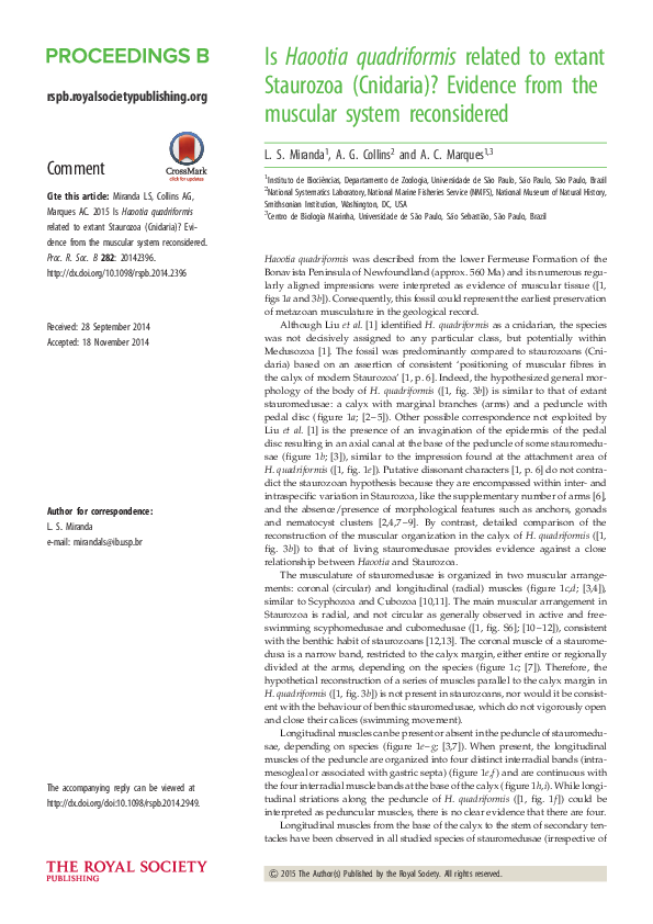 Is Haootia quadriformis related to extant Staurozoa (Cnidaria ...