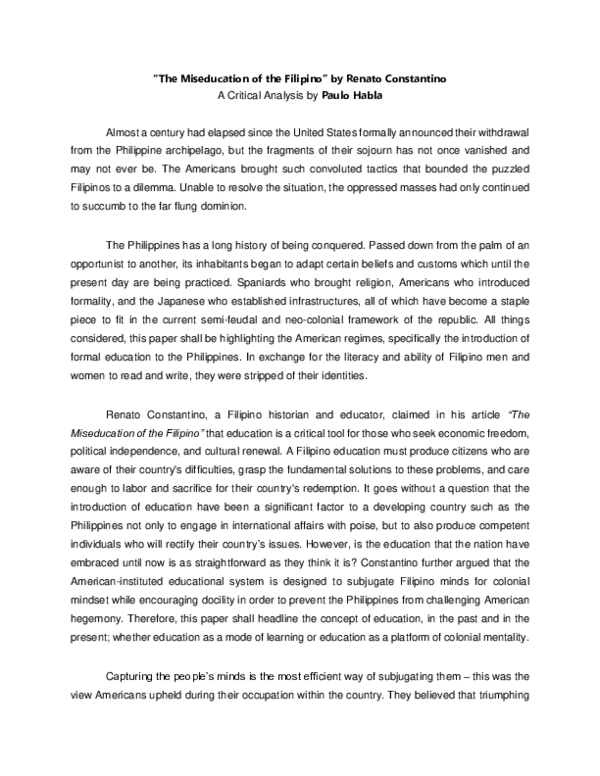 (PDF) The Miseducation of the Filipino | A Critical Analysis by Paulo Habla