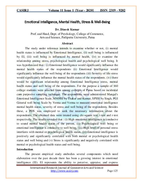 (PDF) Emotional Intelligence, Mental Health, Stress & Well-Being