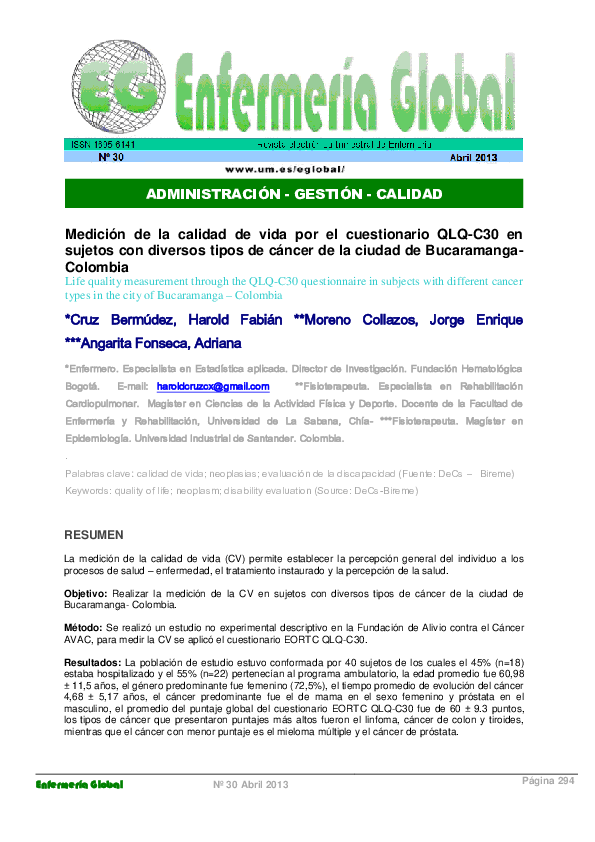 (PDF) Medición de la calidad de vida por el cuestionario QLQ-C30 en sujetos con diversos tipos ...