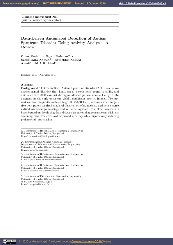 Pdf Data Driven Automated Detection Of Autism Spectrum Disorder Using