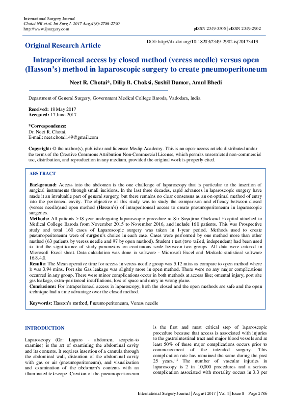 (PDF) Intraperitoneal access by closed method (veress needle) versus ...
