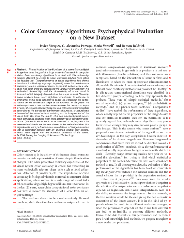 (PDF) Color constancy algorithms: Psychophysical evaluation on a new dataset