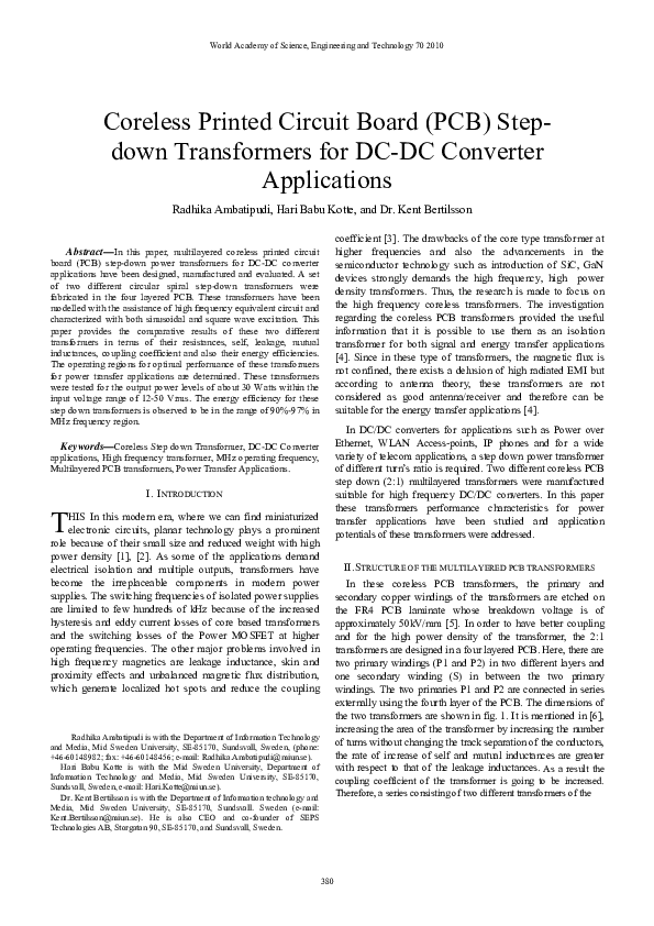 Pdf Coreless Printed Circuit Board Pcb Step Down Transformers For Dc Dc Converter Applications