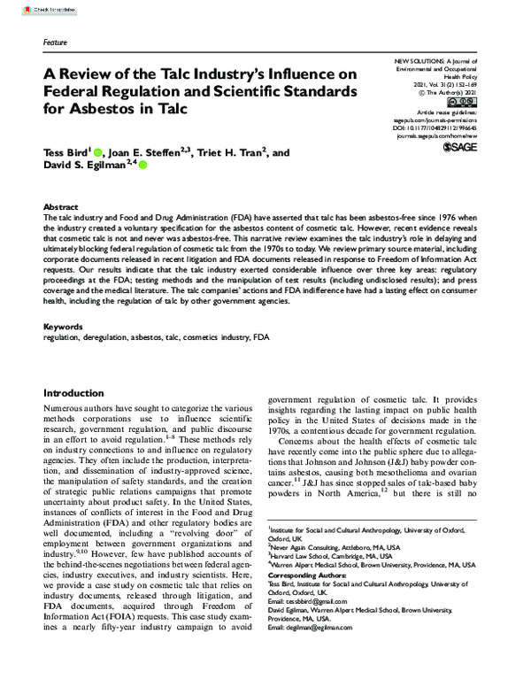 (PDF) A Review of the Talc Industry’s Influence on Federal Regulation ...