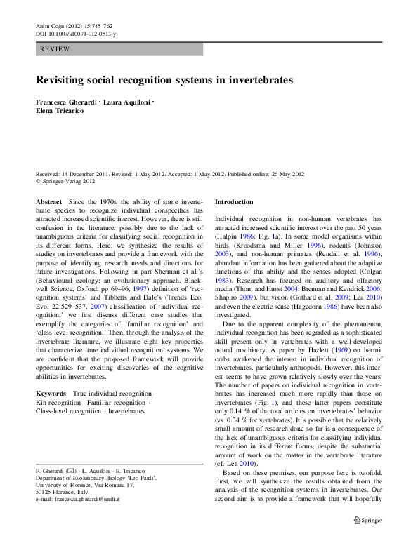 (PDF) Revisiting social recognition systems in invertebrates