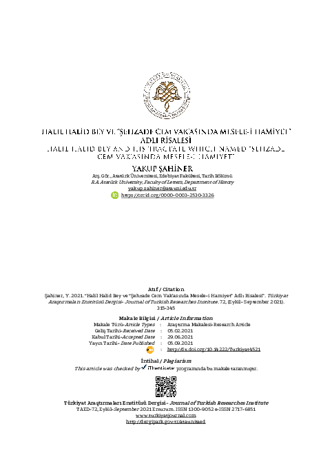 (PDF) HALİL HALİD BEY VE "ŞEHZADE CEM VAK'ASINDA MESELE-İ HAMİYET" ADLI ...