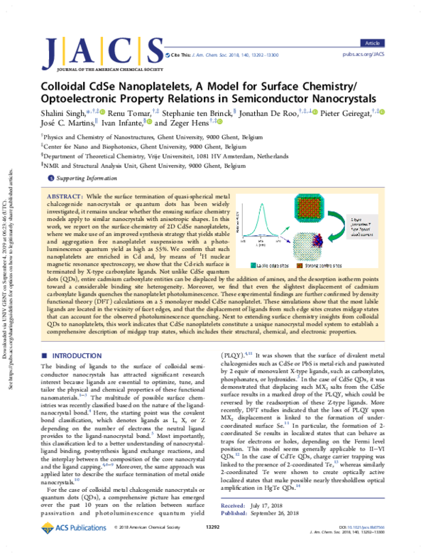 (PDF) Colloidal CdSe Nanoplatelets, A Model for Surface Chemistry ...