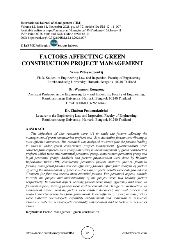 (PDF) FACTORS AFFECTING GREEN CONSTRUCTION PROJECT MANAGEMENT