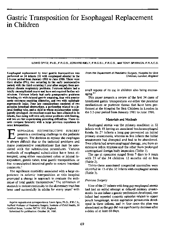(PDF) Gastric transposition for esophageal replacement in children