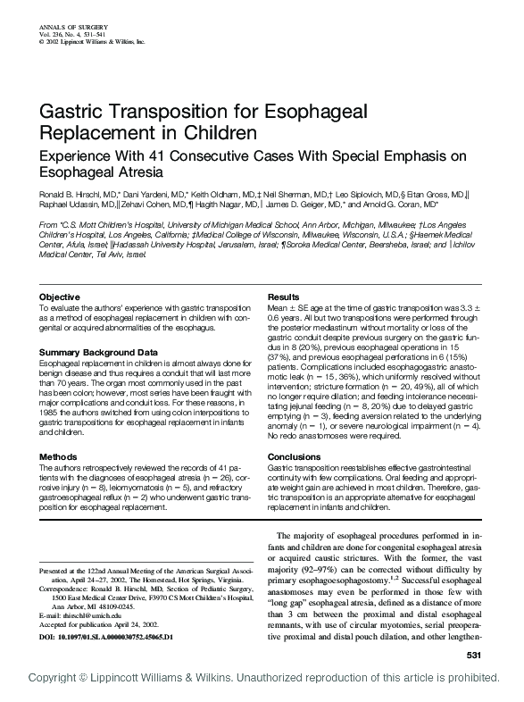 (PDF) Gastric Transposition for Esophageal Replacement in Children