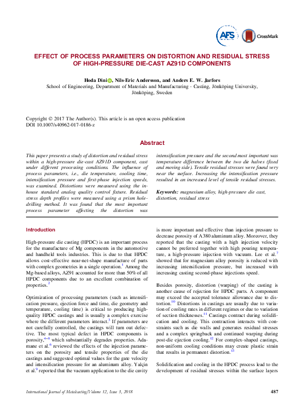 (PDF) Effect of Process Parameters on Distortion and Residual Stress of High-Pressure Die-Cast ...
