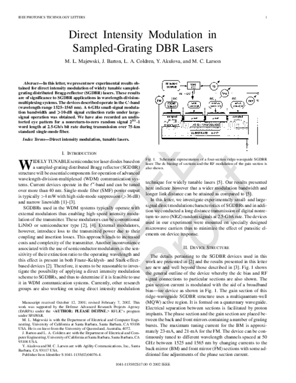 (PDF) Direct intensity modulation in sampled-grating DBR lasers