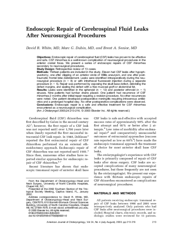 (PDF) Endoscopic repair of cerebrospinal fluid leaks after ...