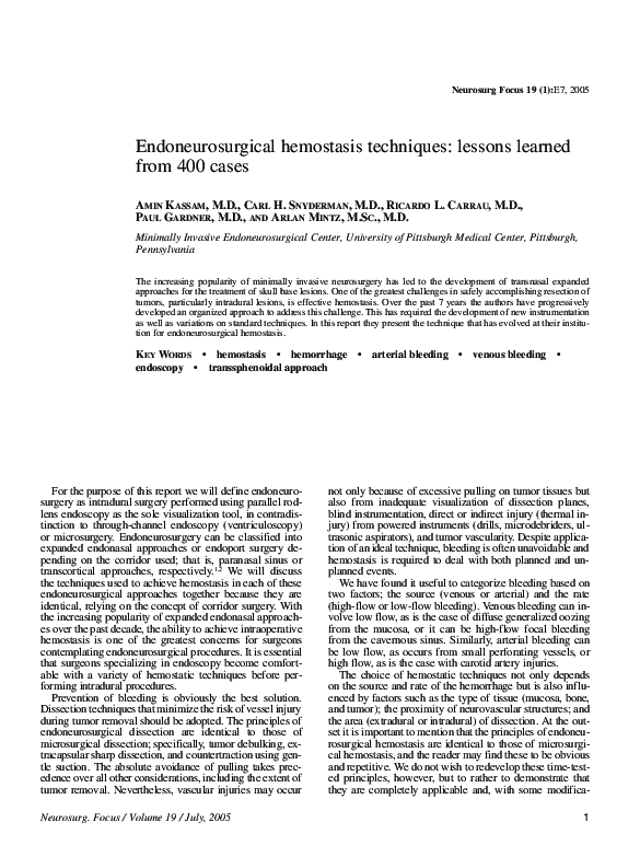 (PDF) Endoneurosurgical Hemostasis Techniques: Lessons Learned From 400 ...