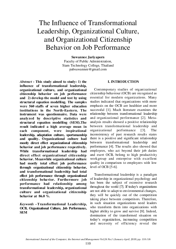 (PDF) The Influence of Transformational Leadership, Organizational Culture, and Organizational ...