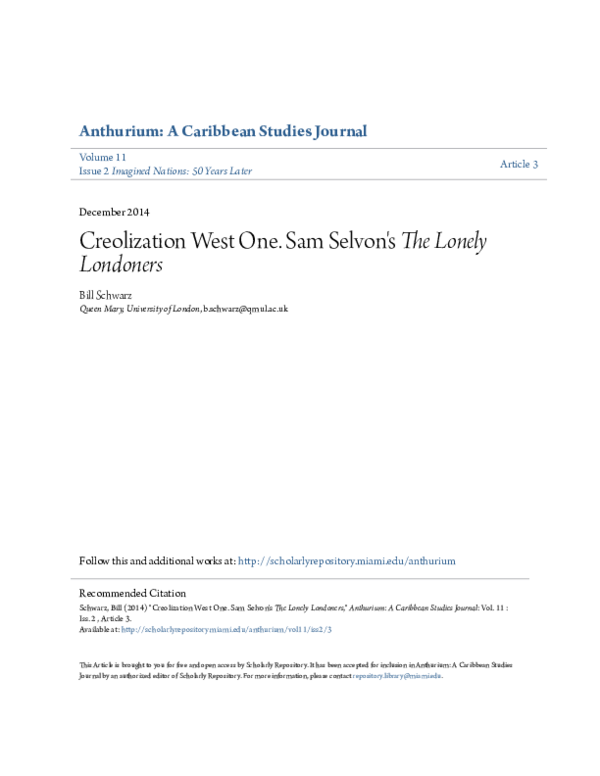(PDF) Creolization West One. Sam Selvon's The Lonely Londoners