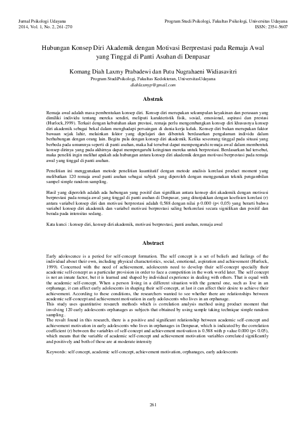 (PDF) Hubungan Konsep Diri Akademik dengan Motivasi Berprestasi pada Remaja Awal yang Tinggal di ...