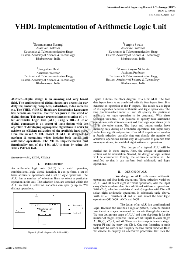 Pdf Vhdl Implementation Of Arithmetic Logic Unit
