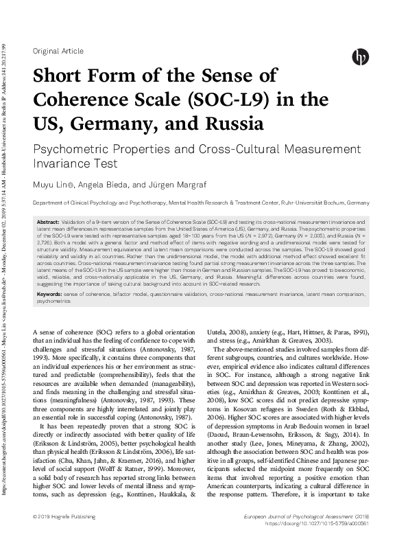 (PDF) Short Form of the Sense of Coherence Scale (SOC-L9) in the US ...