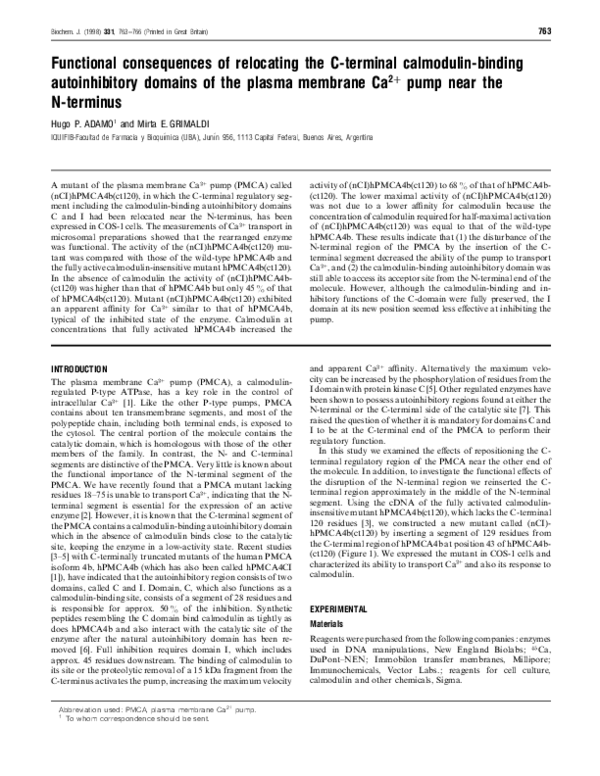 (PDF) Functional consequences of relocating the C-terminal calmodulin-binding autoinhibitory ...