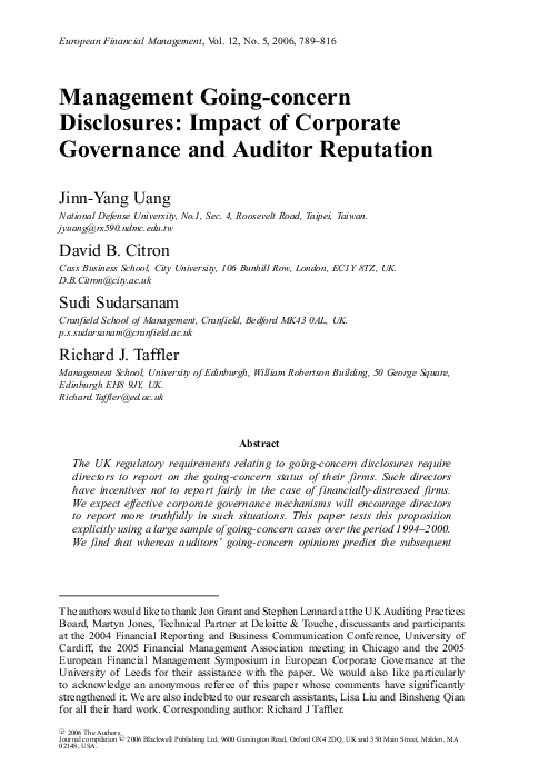(PDF) Management Going‐concern Disclosures: Impact of Corporate ...