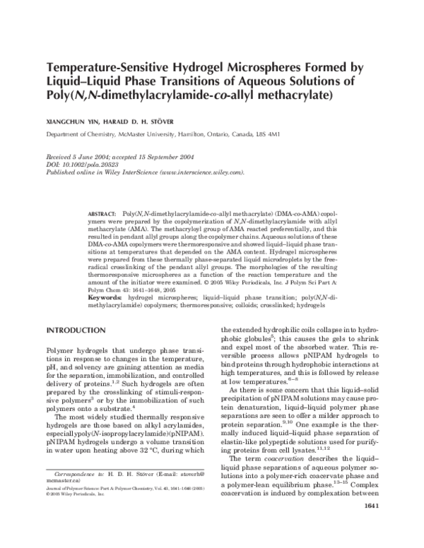 (PDF) Temperature-sensitive hydrogel microspheres formed by liquid-liquid phase transitions of ...