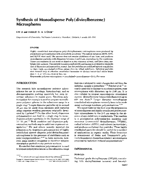 (PDF) Synthesis of monodisperse poly(divinylbenzene) microspheres