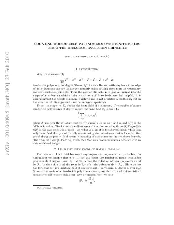 Pdf Counting Irreducible Polynomials Over Finite Fields
