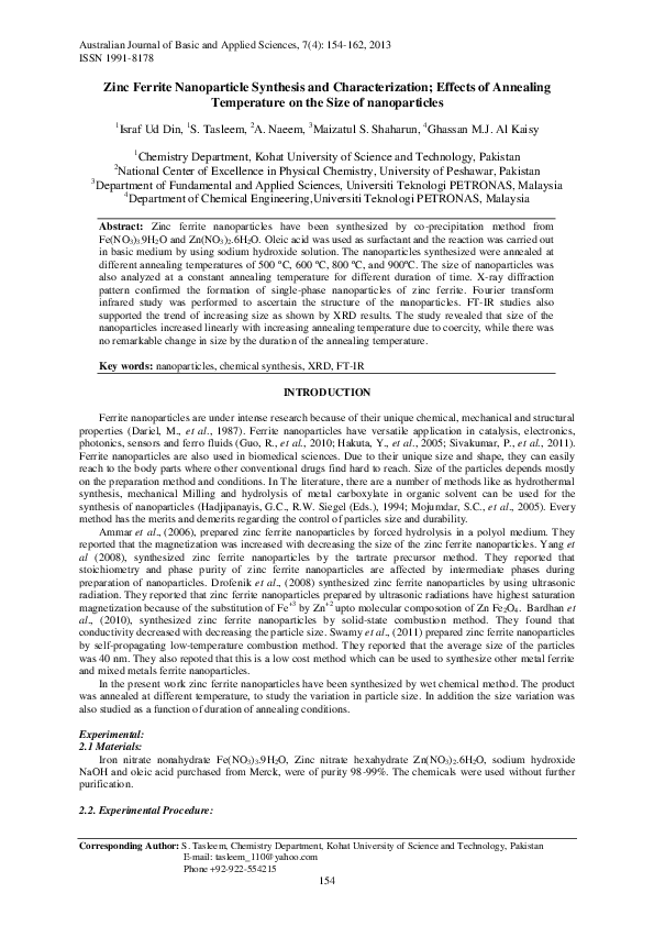 (PDF) Zinc Ferrite Nanoparticle Synthesis and Characterization; Effects of Annealing Temperature ...