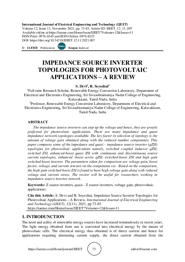 Pdf Impedance Source Inverter Topologies For Photovoltaic Applications A Review