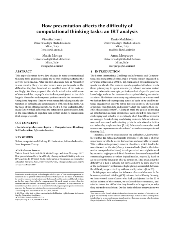 (PDF) How presentation affects the difficulty of computational thinking ...