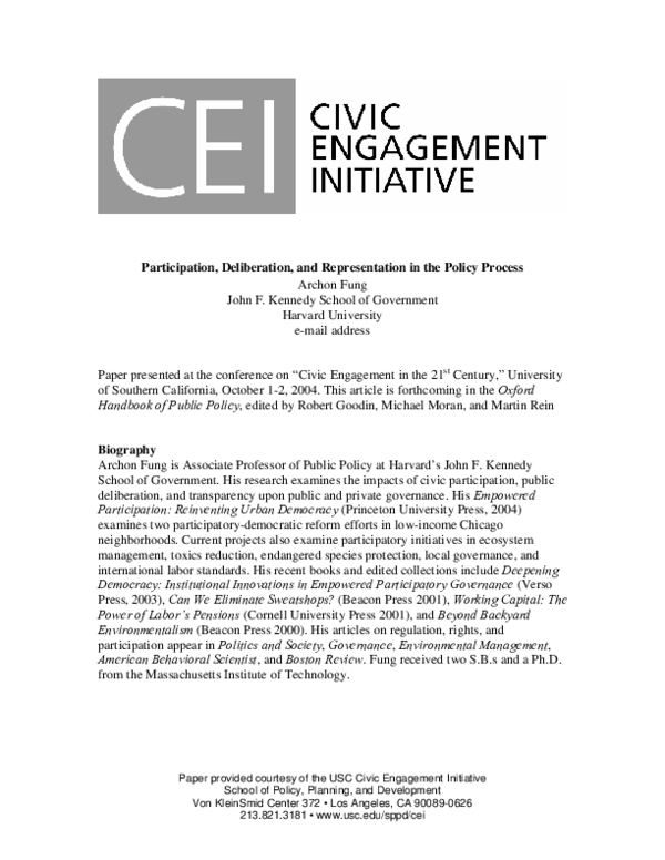 (PDF) Participation, deliberation and representation in policy process