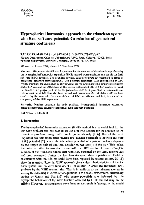 (PDF) Hyperspherical harmonics approach to the trinucleon system with Reid soft core potential ...
